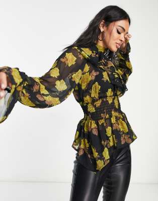ASOS DESIGN ruffle front sheer blouse with shirred waist in dark floral ...