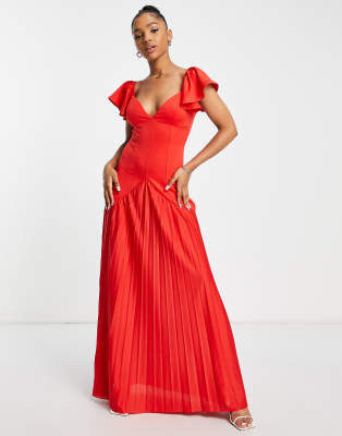 ASOS DESIGN ruffle sleeve seamed pleated maxi dress in red | ASOS