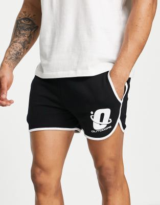 ASOS DESIGN runner shorts in black with piping and text print | ASOS