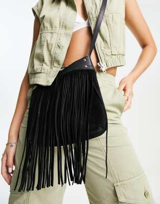 ASOS DESIGN - Sac bandoulière en daim avec franges - Noir | ASOS