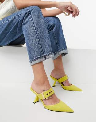 ASOS DESIGN Saga buckle feature mid heeled mules in lime | ASOS