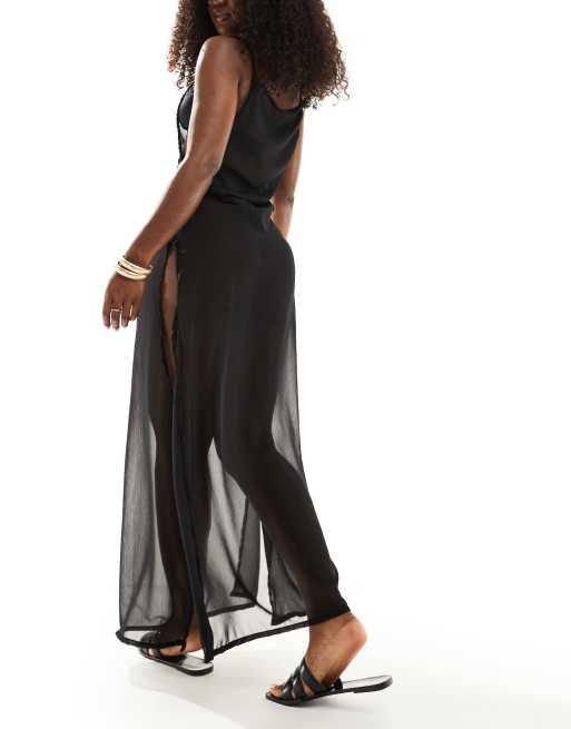 ASOS DESIGN Sarah square neck sheer maxi beach dress in black | ASOS