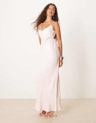 ASOS DESIGN - Satijnen maxi jurk met gestrikte achterkant in lichtroze | ASOS