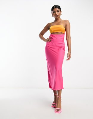 ASOS DESIGN - Satijnen midaxi jurk met kleurvlakken en uitsnijding in roze | ASOS