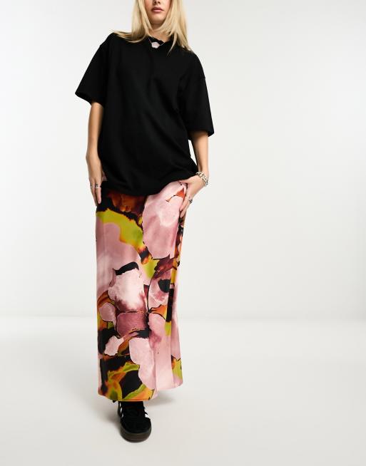 ASOS DESIGN satin bias maxi skirt in pink graphic abstract print | ASOS