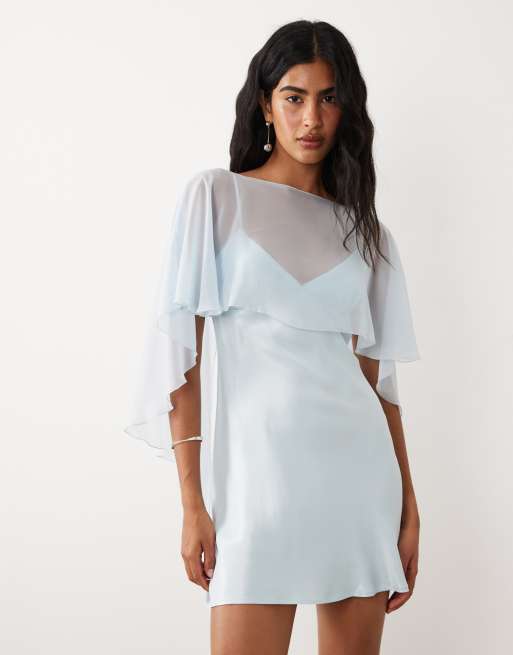 ASOS DESIGN satin chiffon cape layer mini dress in blue | ASOS