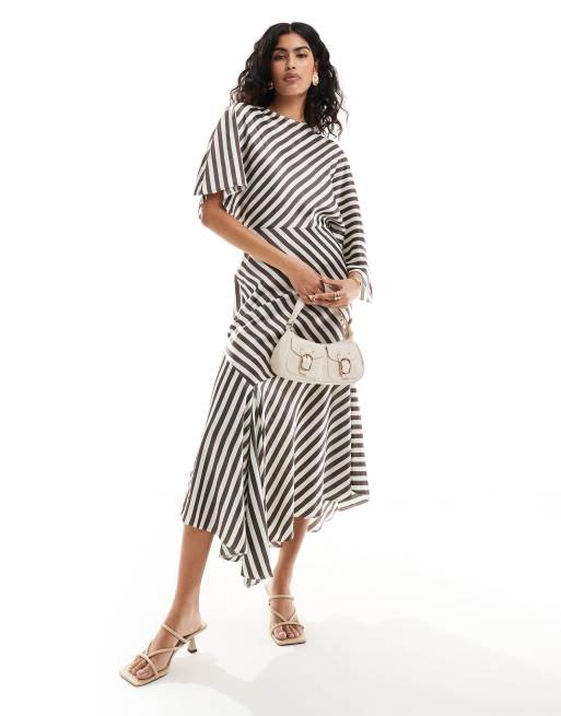Asos Design Satin Flutter Sleeve Asymmetric Hem Midi Dress In Chocolate
