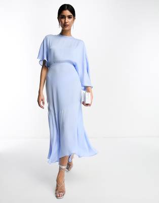 ASOS DESIGN satin flutter sleeve asymmetric hem midi dress in pale blue ...