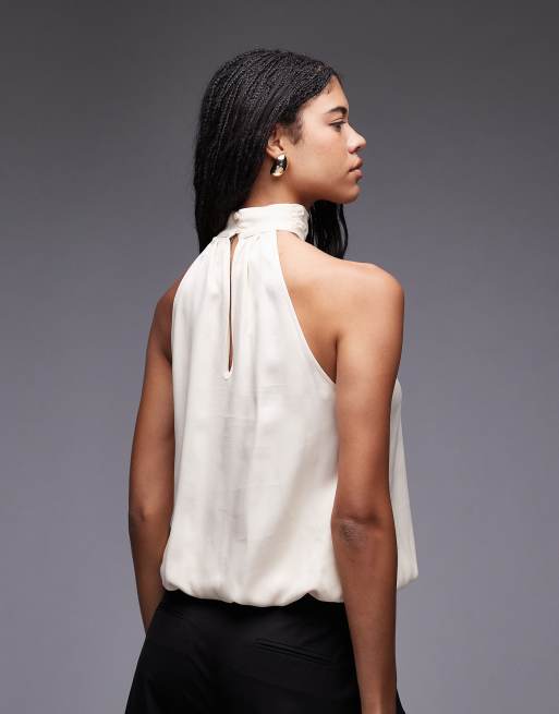 ASOS DESIGN satin high neck bubble hem top in ecru | ASOS