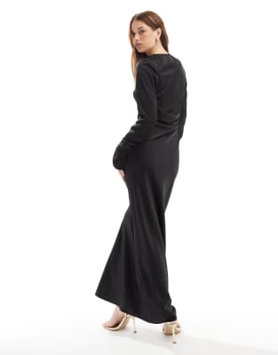 ASOS DESIGN satin long sleeve pleated front maxi dress in black | ASOS