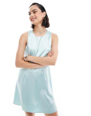 ASOS DESIGN satin shift mini dress with tab sides in icy blue | ASOS