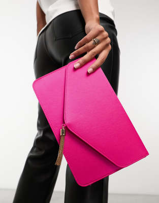 ASOS DESIGN satin tassel clutch bag in pink | ASOS