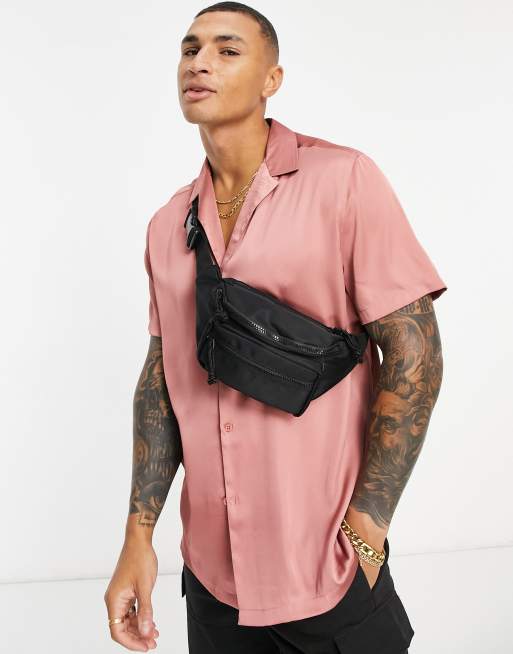 Asos Design Satinhemd Mit Tiefen Reverskragen In Pink Asos