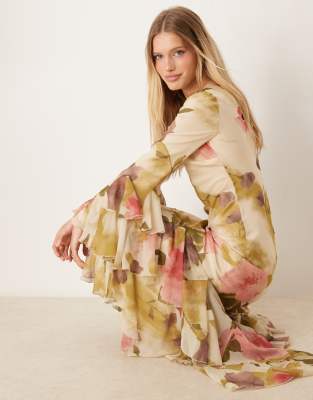 ASOS DESIGN - Schuingesneden asymmetrische maxi jurk met ruches aan de zoom in opvallende ...