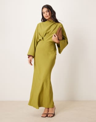 ASOS DESIGN - Schuingesneden maxi-jurk met lange mouwen en plooien aan de taille in olijfgroen ...