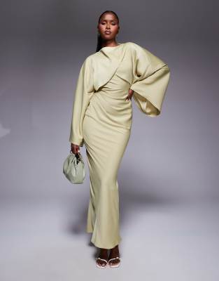 ASOS DESIGN - Schuingesneden satijnen maxi jurk met overslag en vleermuismouwen in zacht ...