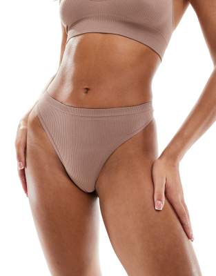 ASOS DESIGN seamless ribbed thong in mocha | ASOS