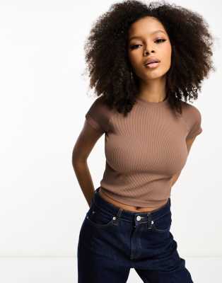 ASOS DESIGN seamless sculpting ribbed crew neck baby tee in mocha | ASOS