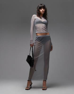 ASOS DESIGN semi sheer metallic knit top and skirt set in silver | ASOS