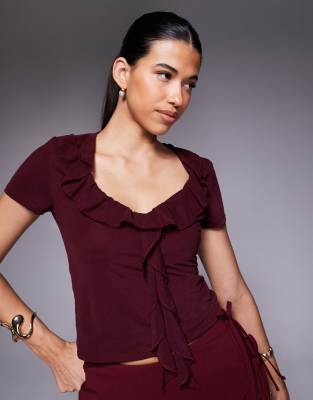 ASOS DESIGN semi sheer short sleeve v neck ruffle front top in berry | ASOS