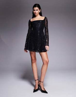 ASOS DESIGN sequin square neck mini dress with fluted sleeves in black ...