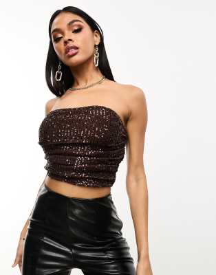 ASOS DESIGN sequin strapless corset top in chocolate | ASOS