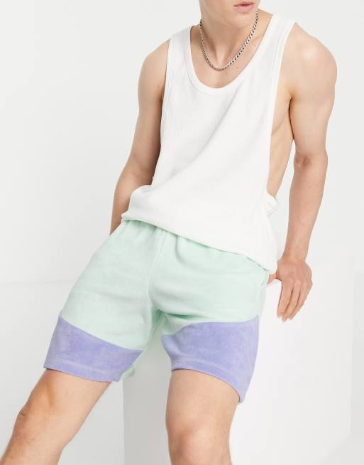 Asos Design Set Oversized Towelling Colour Block Shorts In Blue Asos