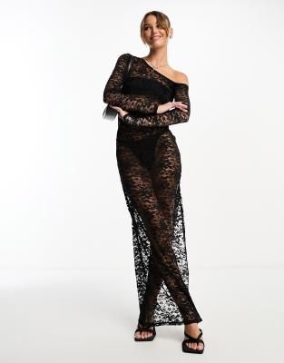 ASOS DESIGN sheer lace asymmetric maxi dress in black | ASOS