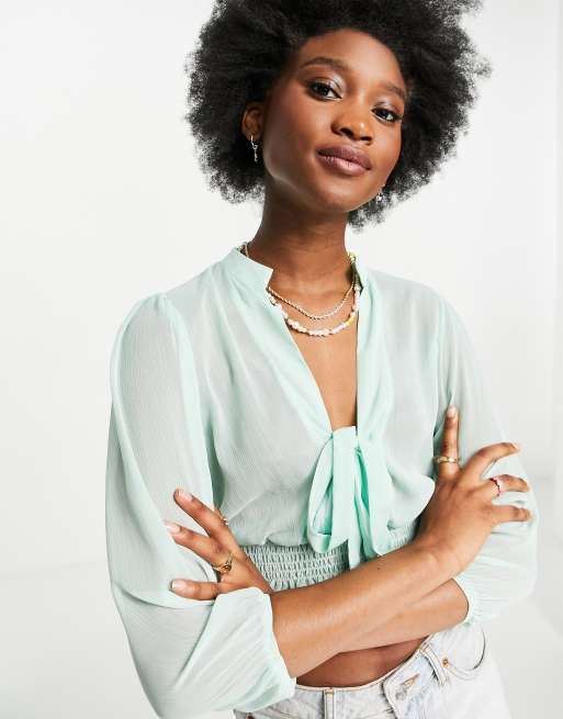 ASOS DESIGN sheer long sleeve top with shirred waist in mint | ASOS