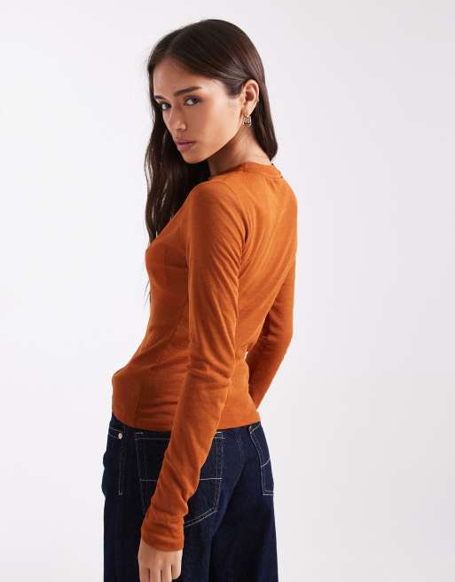ASOS DESIGN sheer second skin gauzy mesh long sleeve top in rust | ASOS