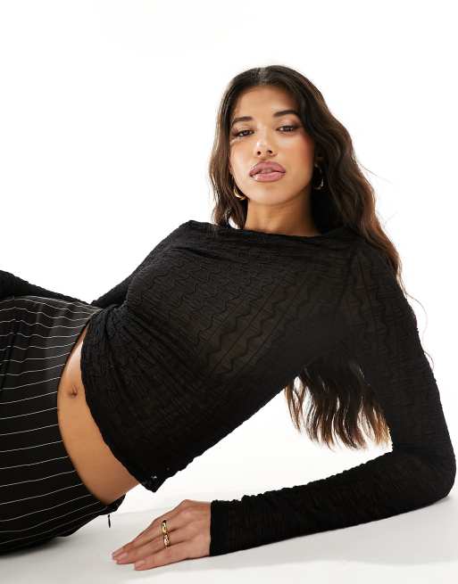 ASOS DESIGN sheer textured wide boat neck long sleeve top in black | ASOS