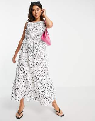 ASOS DESIGN shirred bodice cotton midi smock sundress in mono dot print ...