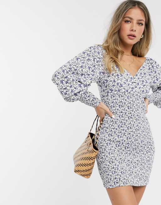 Asos Design Shirred Mini Dress With Long Sleeves In Ditsy Floral Print