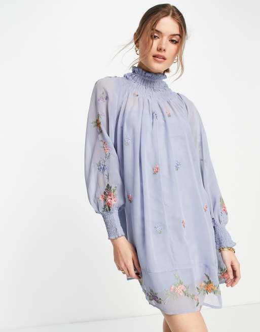 Asos Design Shirred Neck Mini Smock Dress With Embroidery In Pale Blue