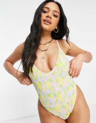 Asos Design Shirred Swimsuit In Floral Print Multi Modesens
