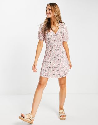 Asos Design Shirred Waist Mini Plisse Dress In Pink Ditsy Floral Multi