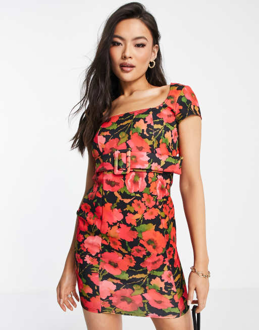 ASOS DESIGN short sleeve belted seamed mini dress in dark floral print ...