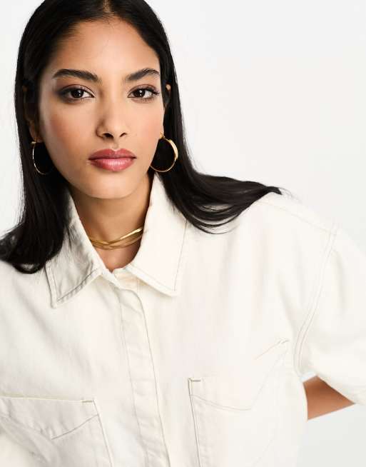 Asos Design Short Sleeve Denim Shirt Dress In Mid Blue Factory Sale