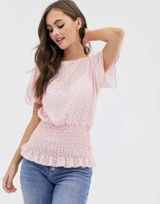 ASOS DESIGN short sleeve sheer top with shirred panel in spot print | ASOS