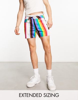 ASOS DESIGN shorter length denim shorts with rainbow print | ASOS