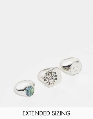 ASOS DESIGN – Silverfärgad klackring med smiley och blomma, 3-pack | ASOS