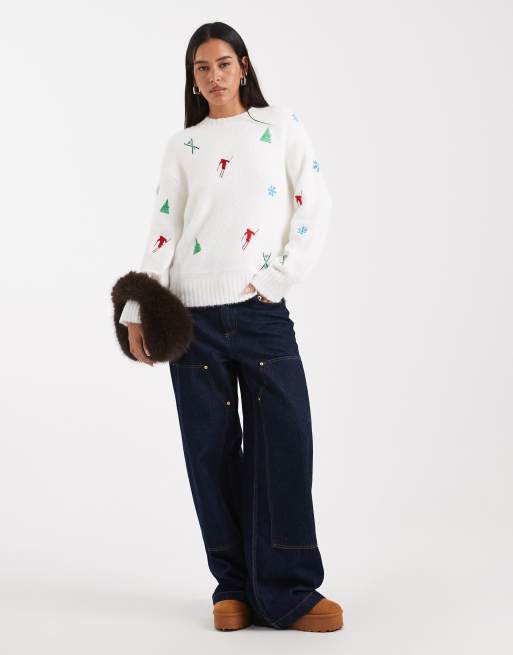 ASOS DESIGN ski embroidered jumper in white | ASOS