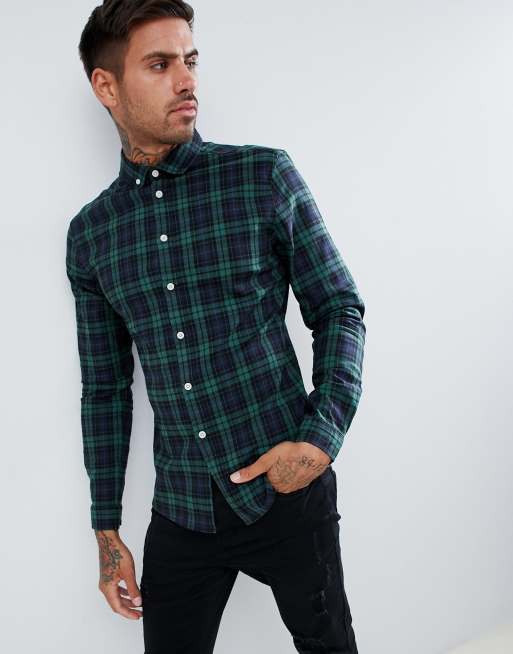 ASOS DESIGN skinny check shirt in green | ASOS