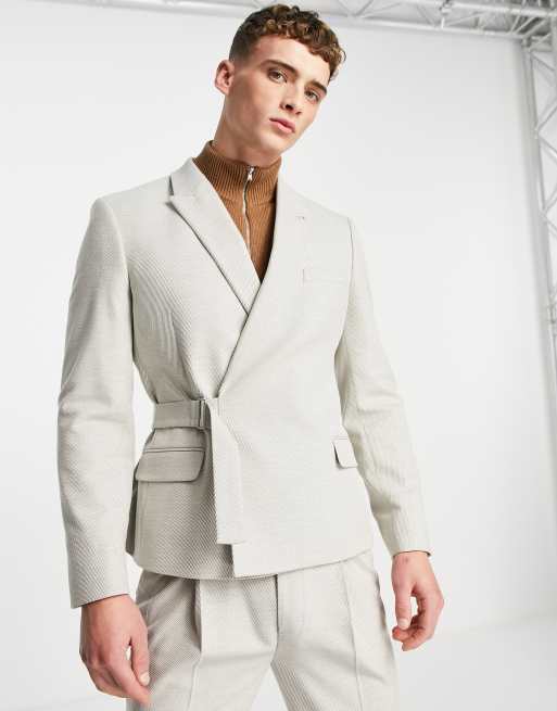 Asos Design Skinny Crop Suit Jacket With Belt In Grey Twill Asos