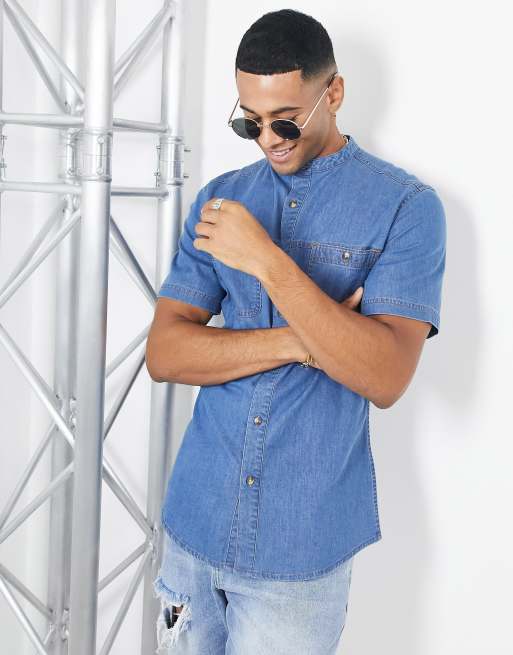 Asos Design Short Sleeve Denim Shirt Dress In Mid Blue Factory Sale