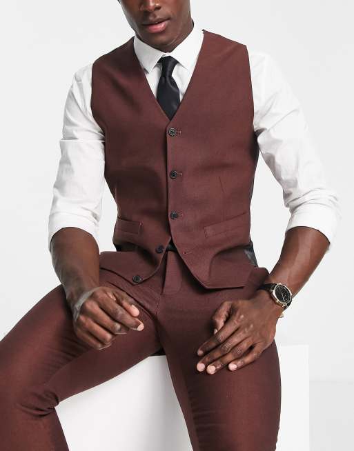 ASOS DESIGN skinny dressy oxford vest in burnt red | ASOS