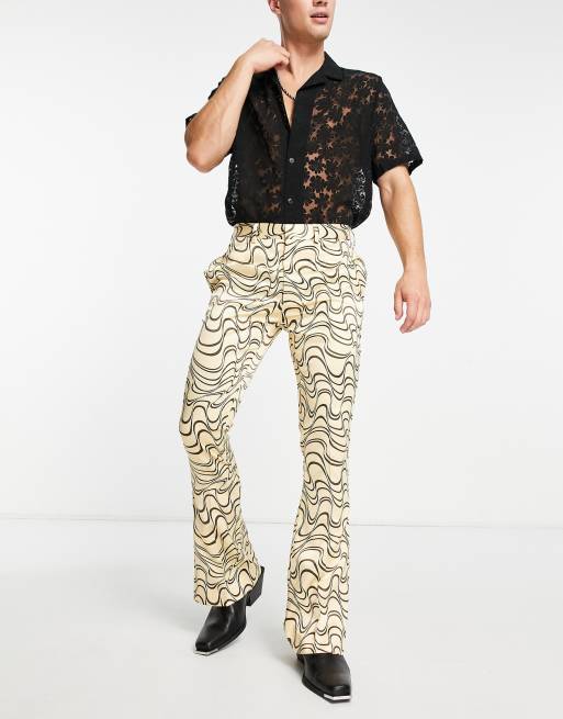 ASOS DESIGN skinny flared smart pants in brown squiggle print satin | ASOS