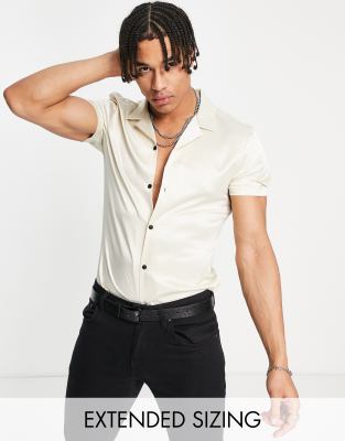 ASOS DESIGN - Skinny overhemd van satijn in champagnekleur | ASOS