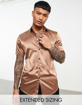 ASOS DESIGN - Skinny overhemd van satijn in mokka bruin | ASOS