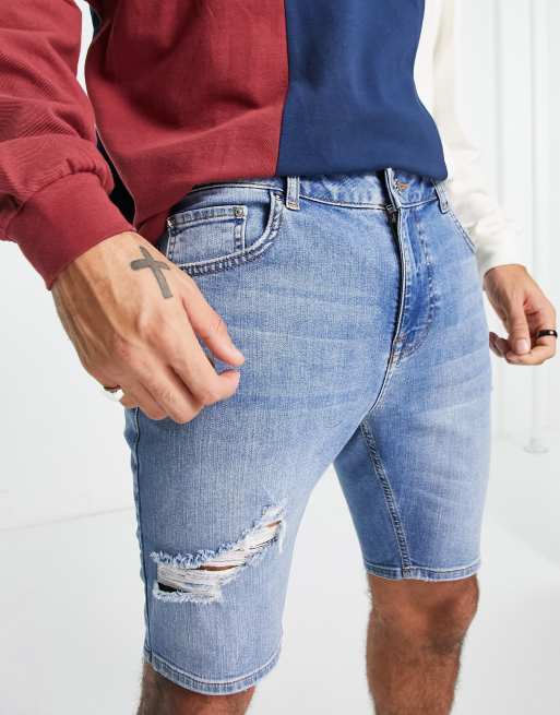 ASOS DESIGN skinny regular length denim shorts in mid blue wash with ...